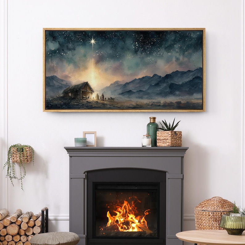 Large Framed Nativity Scene Wall Art, Holy Night Bethlehem Star Canvas ...