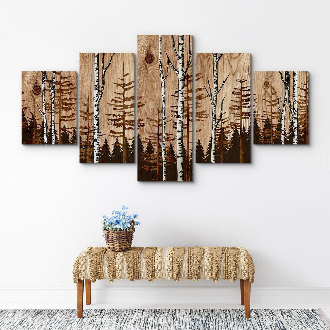 Canvas Wall Art Set of 5 Wood Panel Birch Trees Botanical Prints Rustic ...