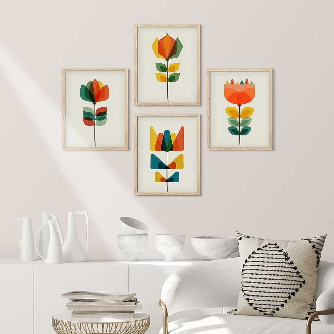 Gallery Wall Art Prints Set of 4, Abstract Geometric Flower Prints ...