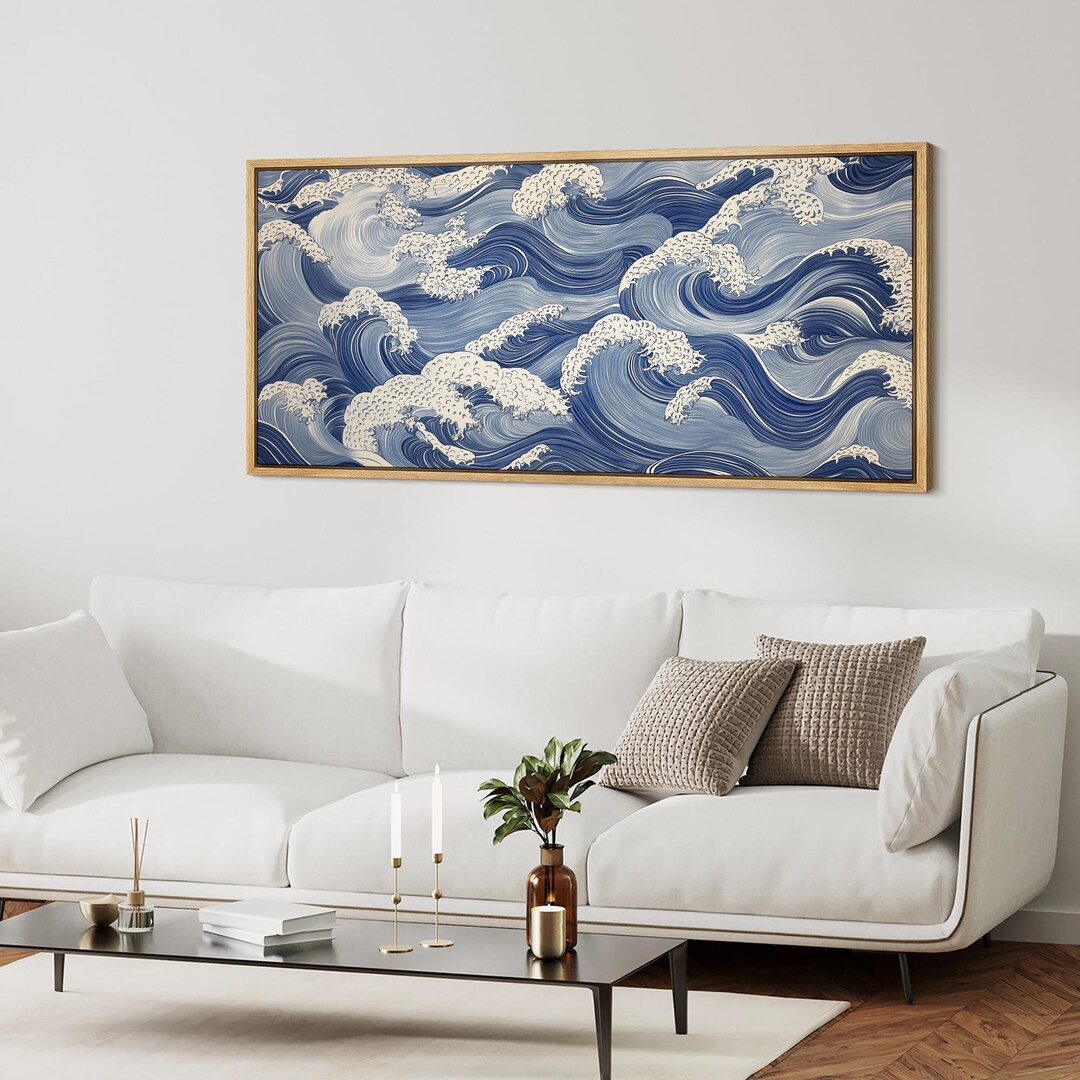 Large Wall Art, Japanese Abstract Ocean Wave Artwork, Blue Hokusai ...