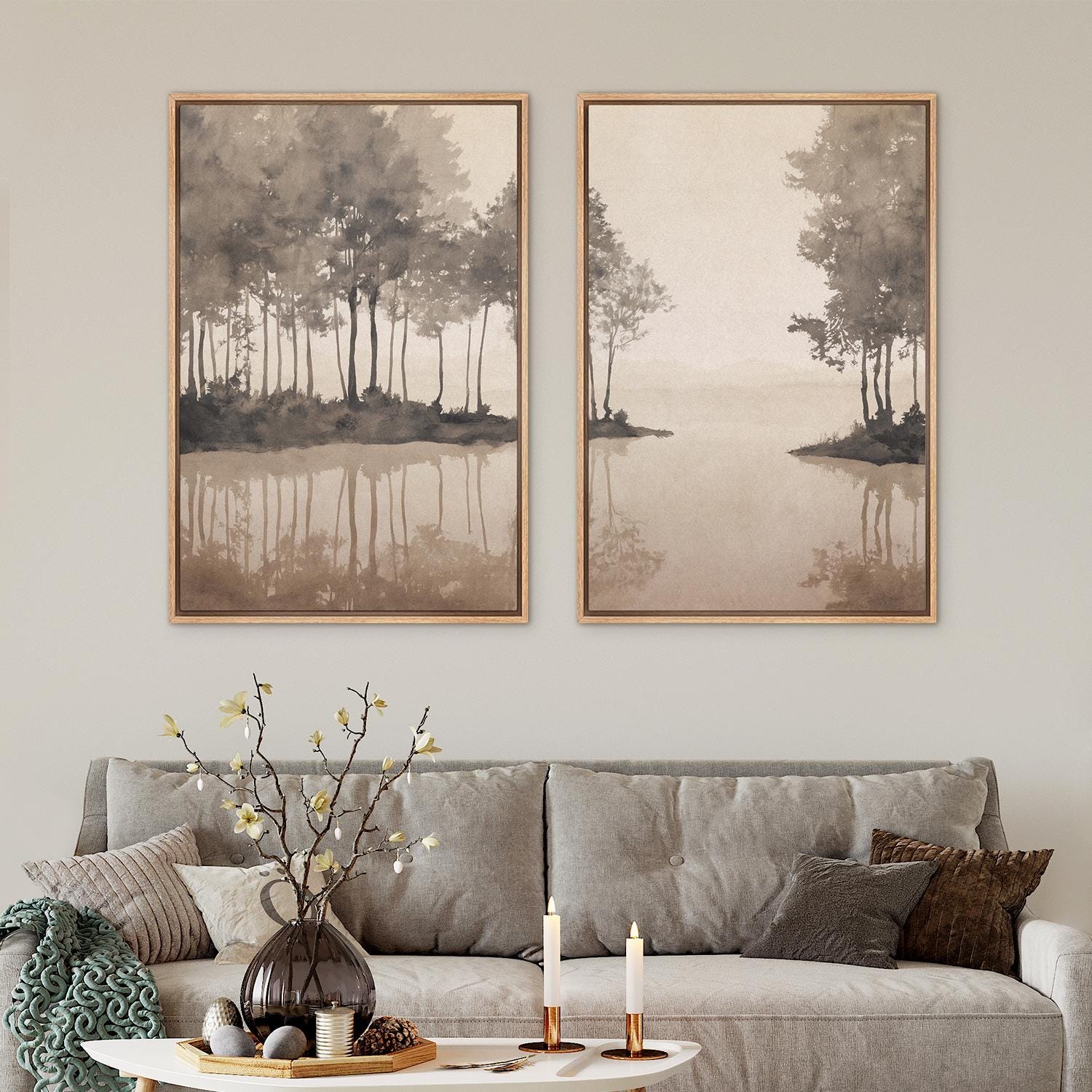Framed Neutral Lake Forest Wall Art Set of 2, Sepia Tree Reflection ...