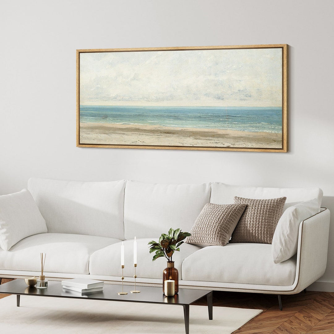 Framed Canvas Large Wall Art Blue Beach Ocean Landscape Abstract Art ...