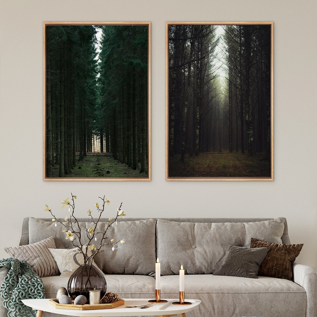 Framed Canvas Wall Art Set of 2 Green Forest Tree Landscape Photography ...