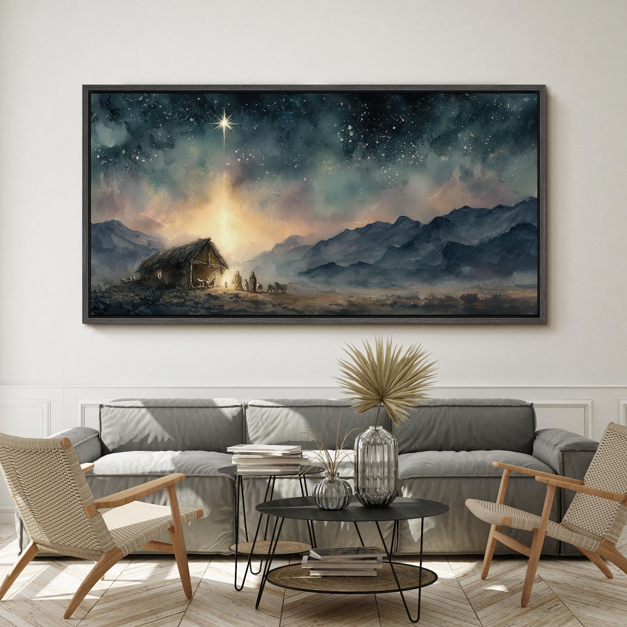 Large Framed Nativity Scene Wall Art, Holy Night Bethlehem Star Canvas ...