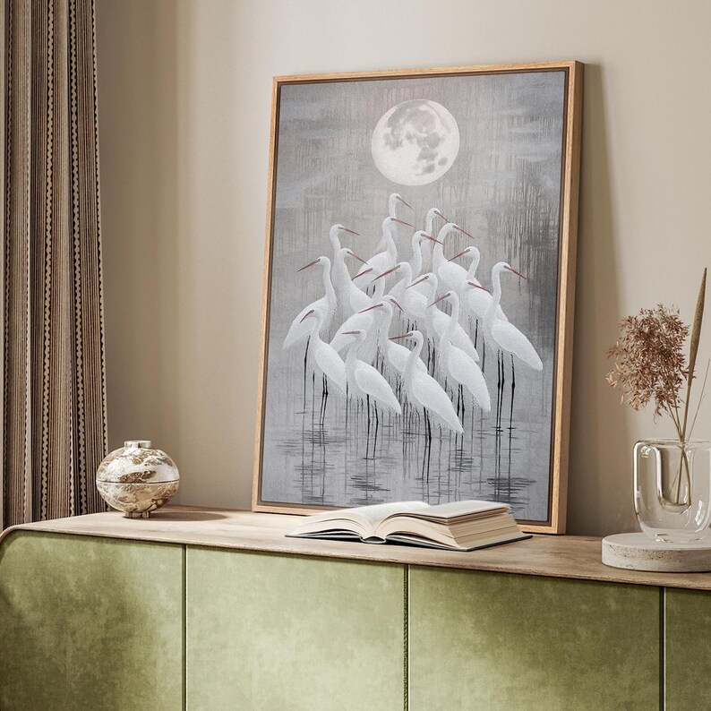 Framed Canvas Wall Art Prints Elegant Egrets Under Full Moon Animal Art ...