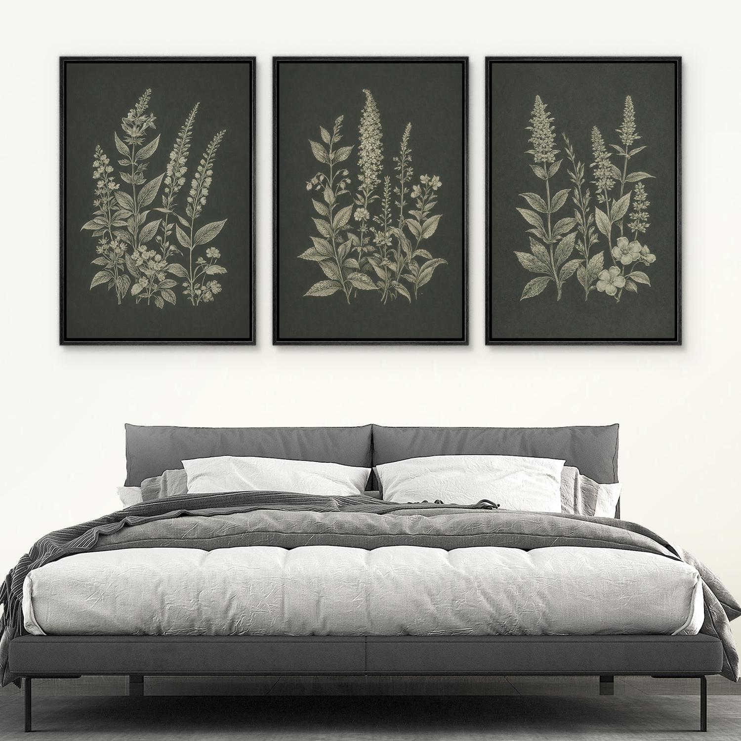 Framed Vintage Botanical Wall Art Set of 3, Dark Green Herb Canvas ...