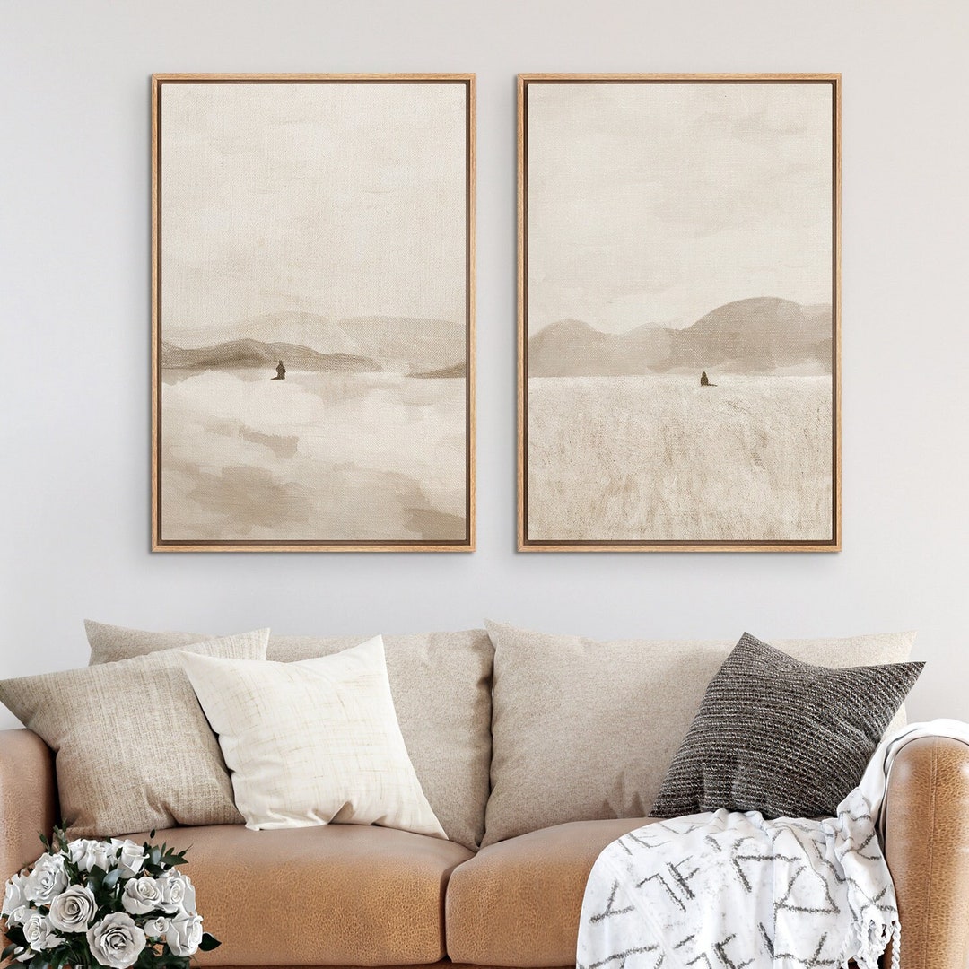 Framed Canvas Wall Art Set of 2 Beige Abstract Mountain Landscape ...