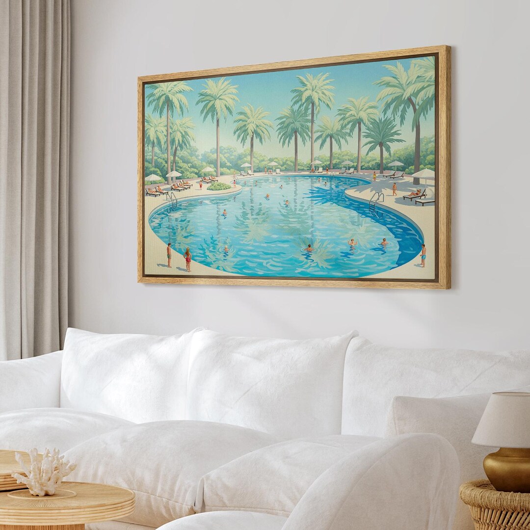 Retro Poolside Wall Art – Framed Swim Canvas Print, Tropical Palm ...