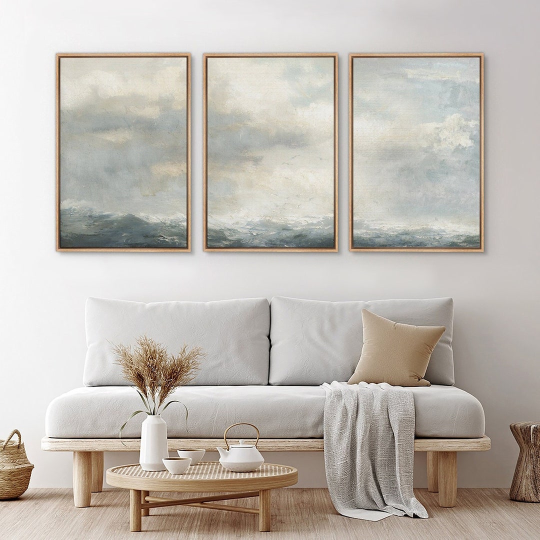 Framed Canvas Wall Art Set of 3 Abstract Ocean Prints Modern Art ...