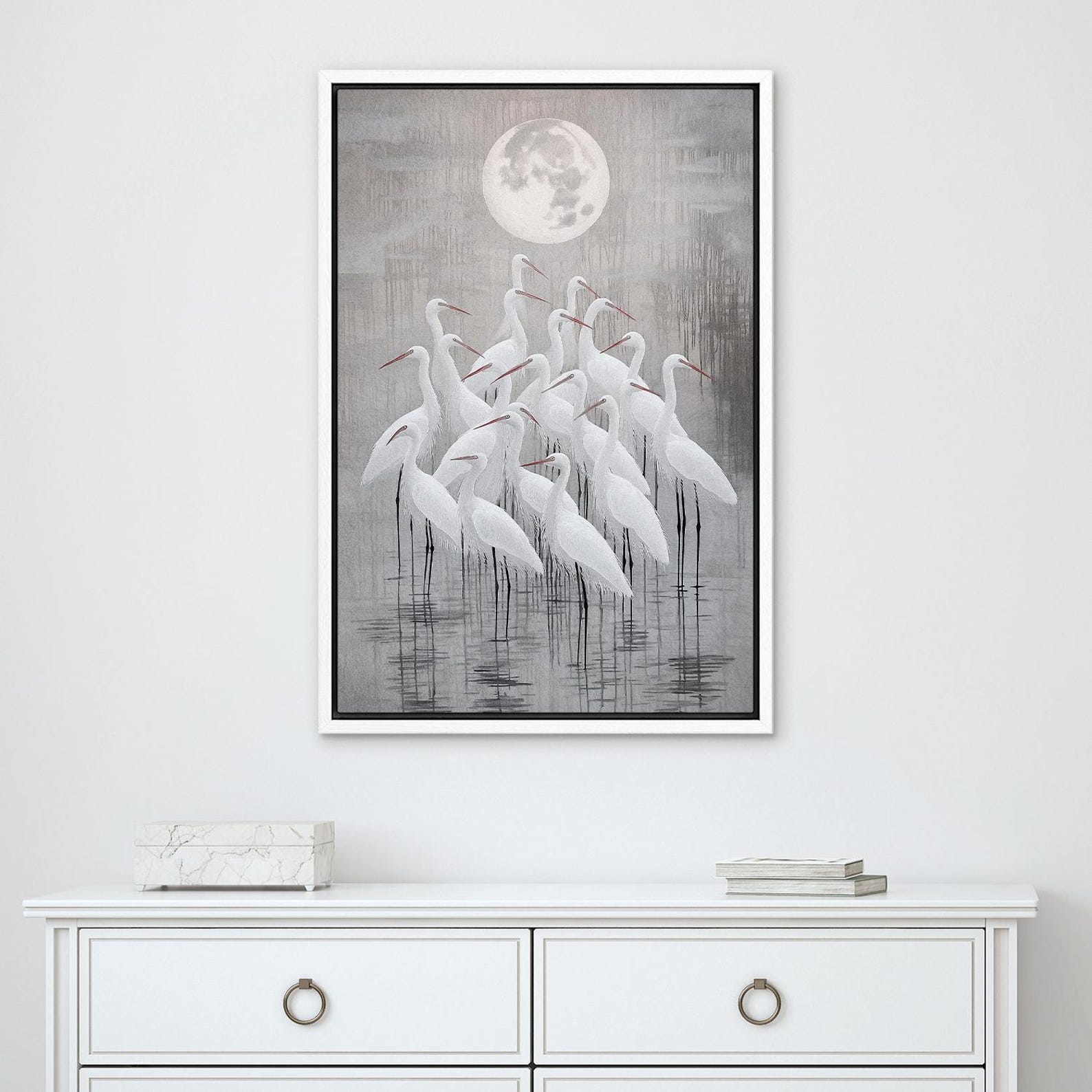Framed Canvas Wall Art Prints Elegant Egrets Under Full Moon Animal Art ...