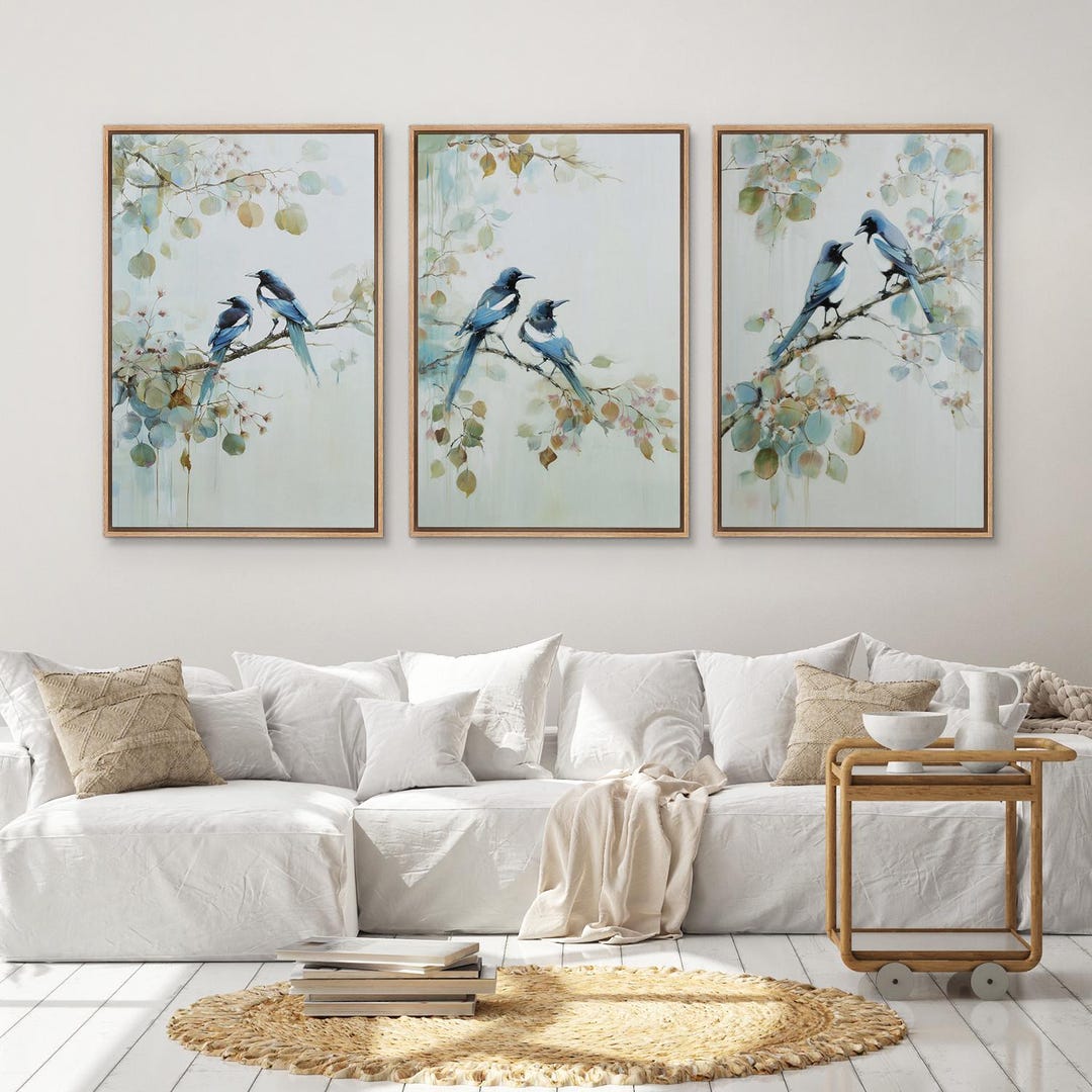 Framed Blue Birds on Branches Wall Art Set of 3, Watercolor Botanical ...