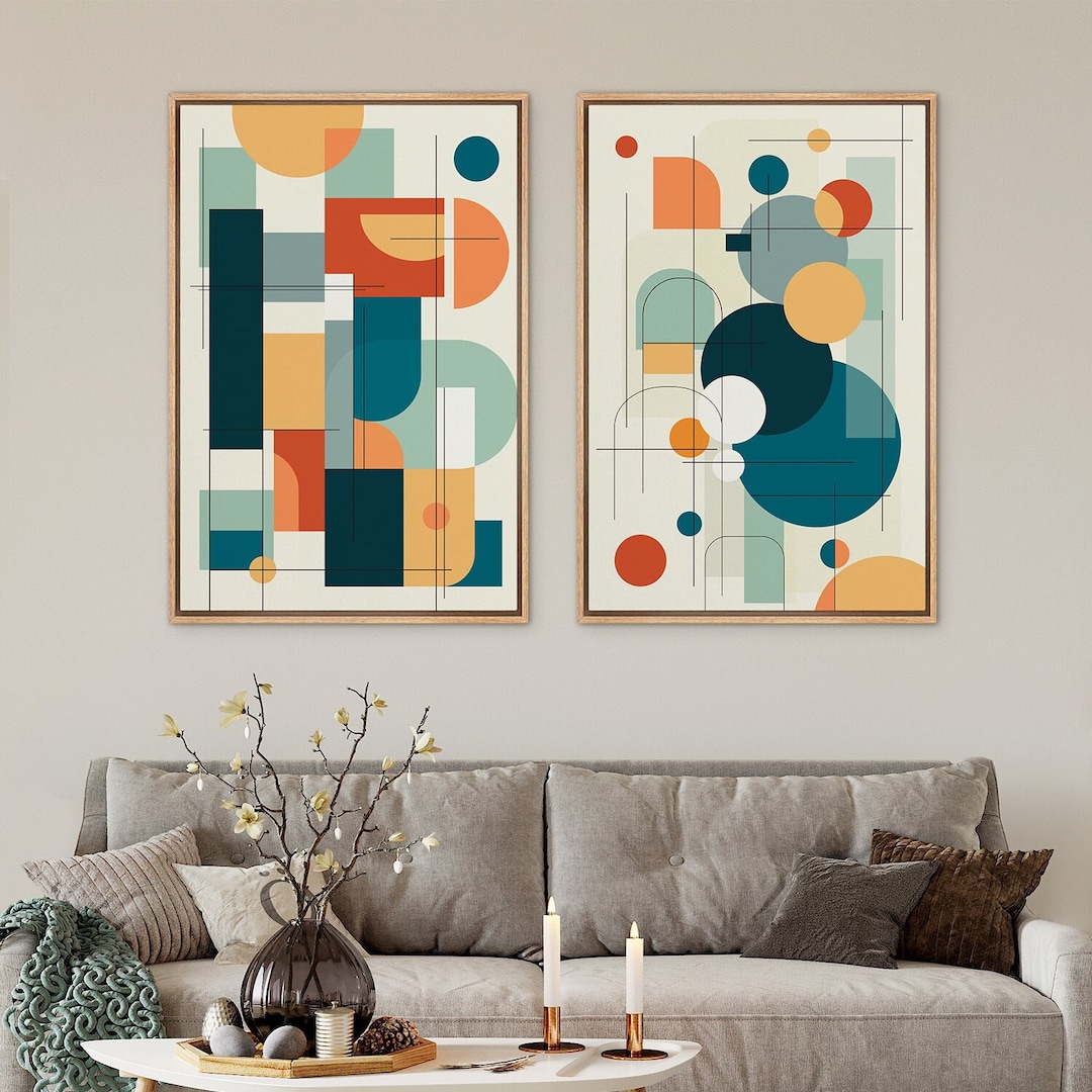 Framed Canvas Wall Art Set of 2 Colorful Polygon Abstract Shapes ...