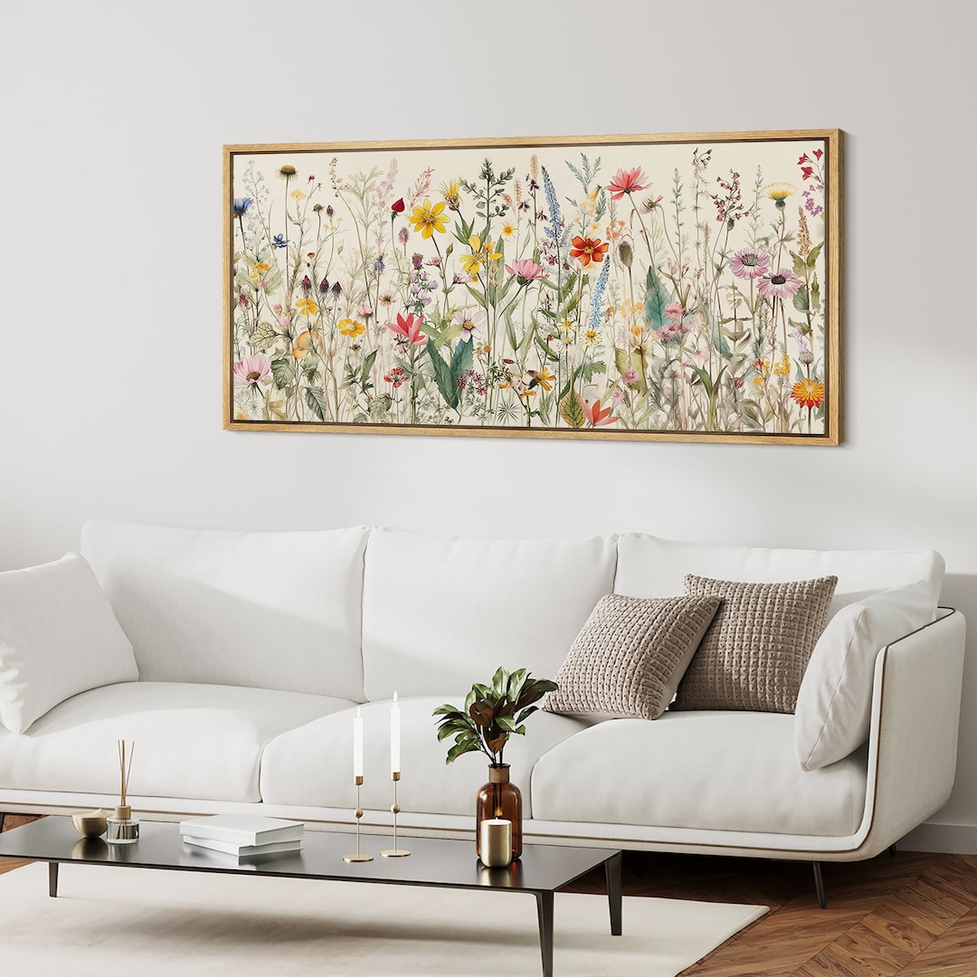 Large Wall Art Framed Canvas Watercolor Wildflowers Floral Botanical ...