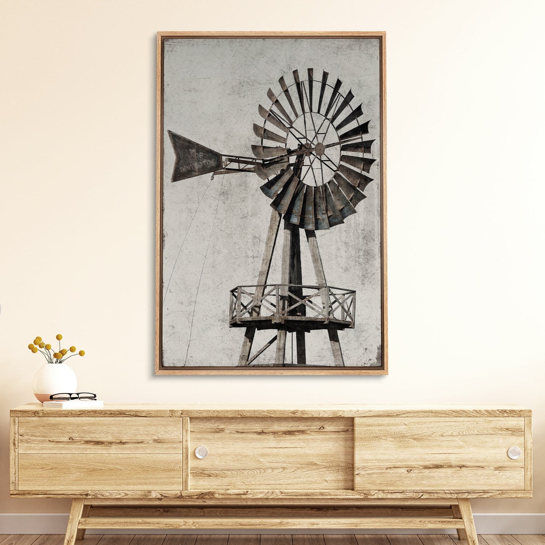 Framed Canvas Wall Art Windmill Rustic Country Landscape Photography ...