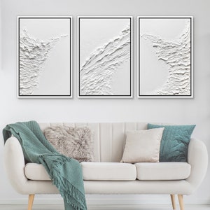 Framed Canvas Wall Art Set of 3 White Textured Effect Abstract - Etsy