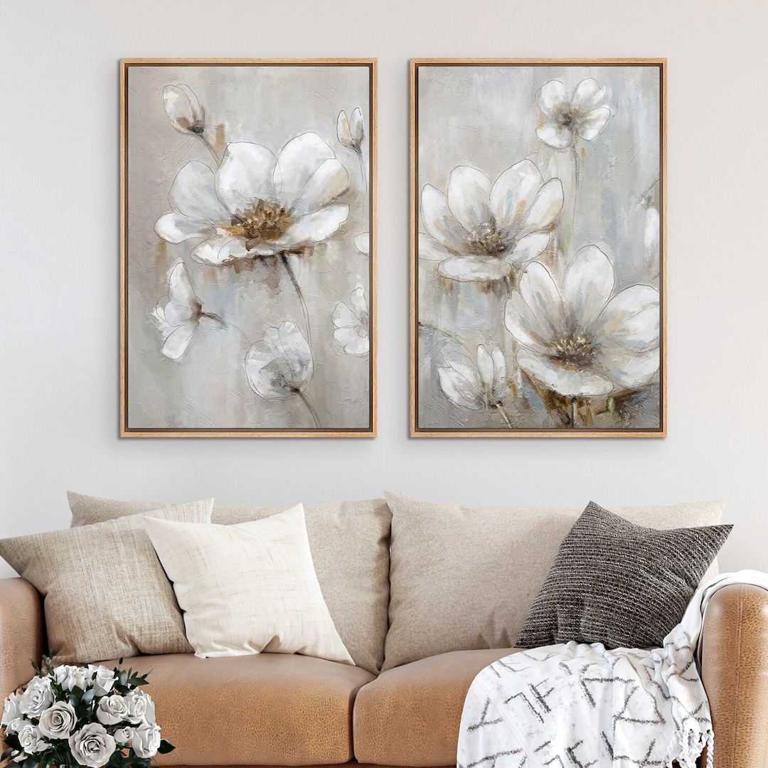 Framed Canvas Wall Art Set of 2 Beige Gray Flowers Floral Botanical ...