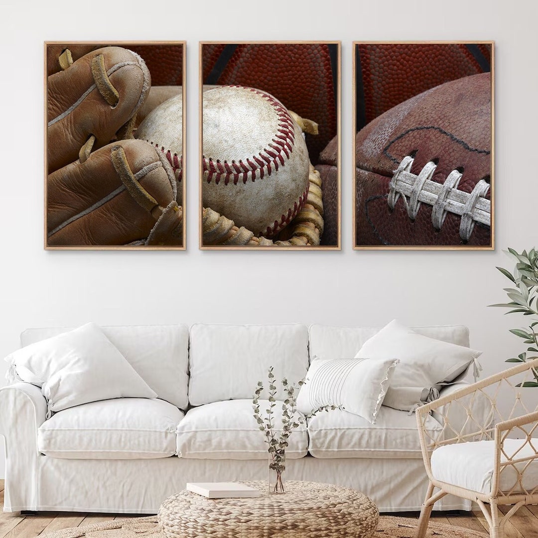 Framed Canvas Wall Art Set of 3 Baseball, Mitt, Football & Basketball ...
