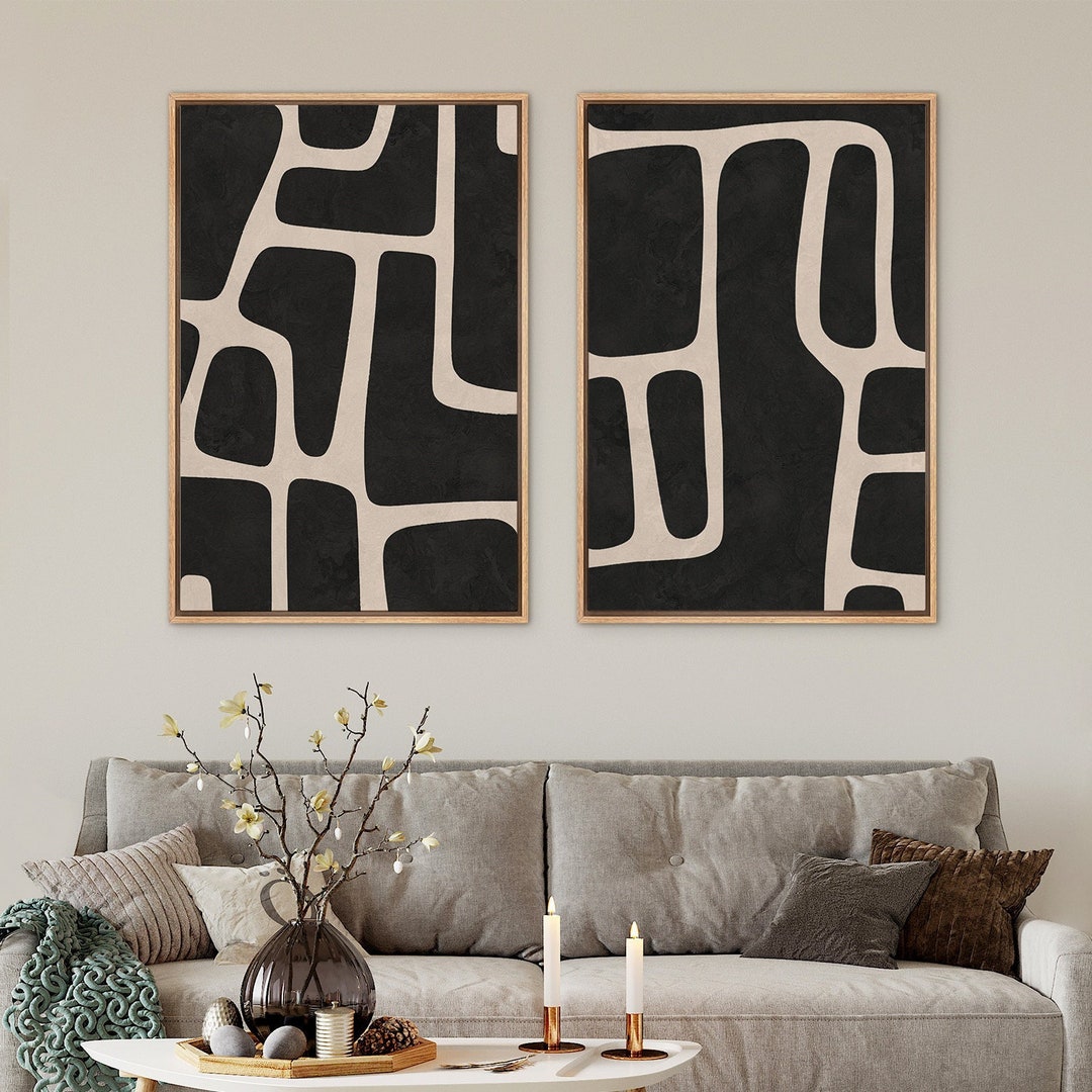 Framed Canvas Wall Art Set Abstract Lines Drawing Prints Mid Century ...