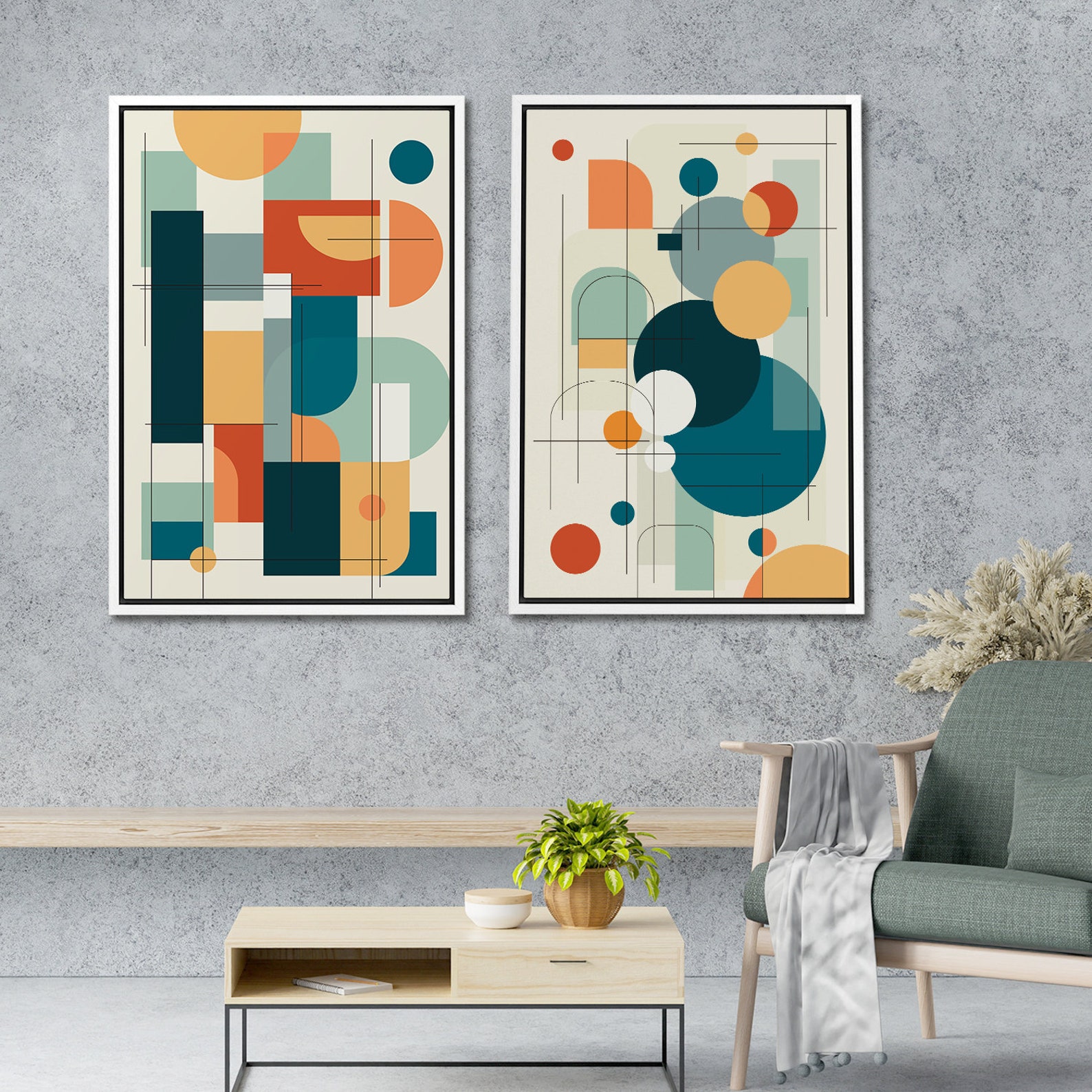 Framed Canvas Wall Art Set of 2 Colorful Polygon Abstract Shapes ...