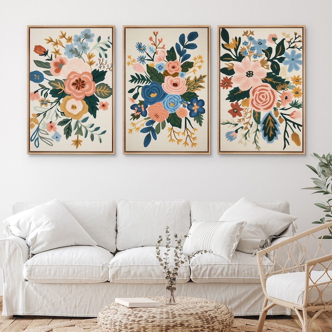 Framed Canvas Wall Art Set of 3 Coloful Wildflowers Abstract Floral ...
