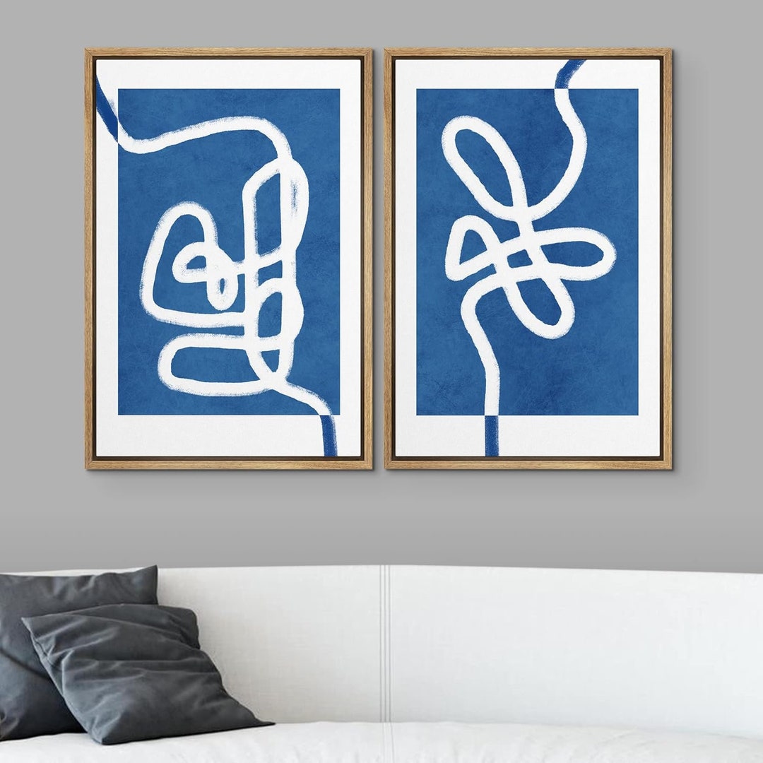 Framed Wall Art Print Set White Line Contrasting Blue - Etsy