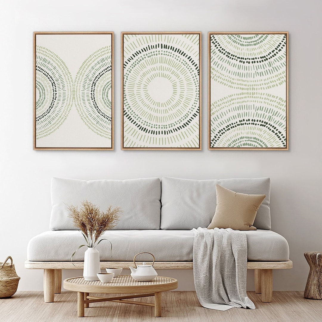 Framed Canvas Wall Art Set of 3 Sage Green Abstract Wood Tree Rings ...