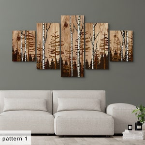 Canvas Wall Art Set of 5 Wood Panel Birch Trees Botanical Prints Rustic ...