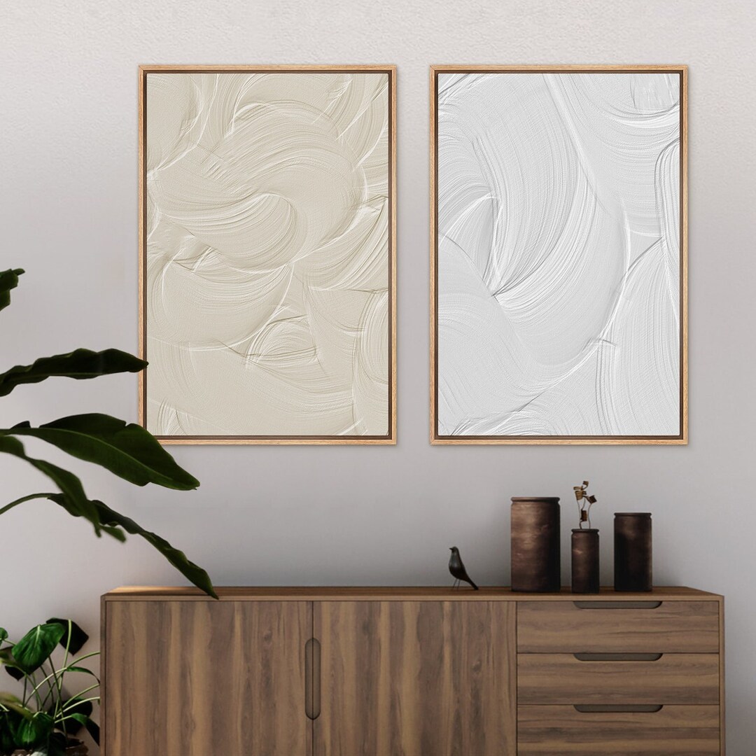 Framed Canvas Wall Art Set of 2 Tan White Textured Effect Abstract ...