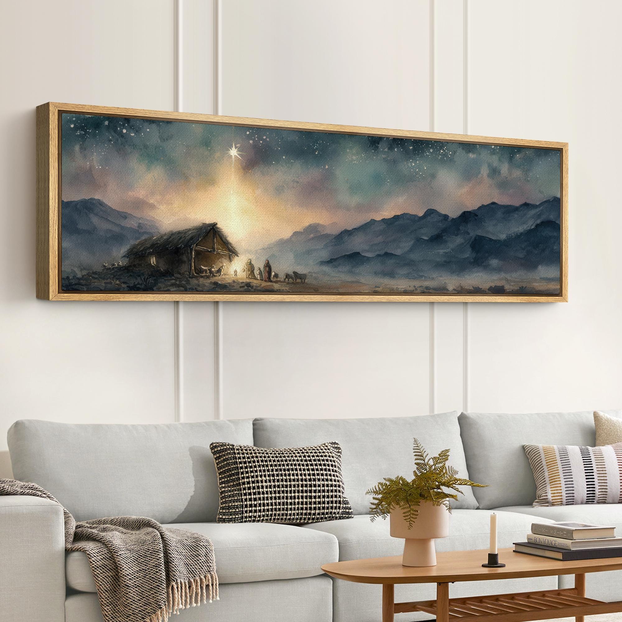 Large Framed Nativity Scene Wall Art, Holy Night Bethlehem Star Canvas ...