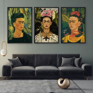 Framed Canvas Wall Art Set of 3 Floral Self Portrait by Frida Khalo ...