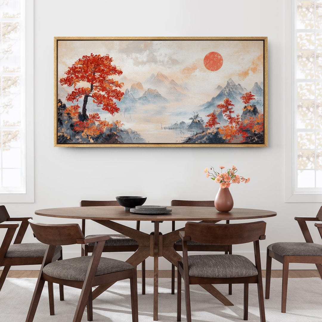 Large Wall Art, Red Maple Under the Sun, Asian Landscape Ink Painting ...