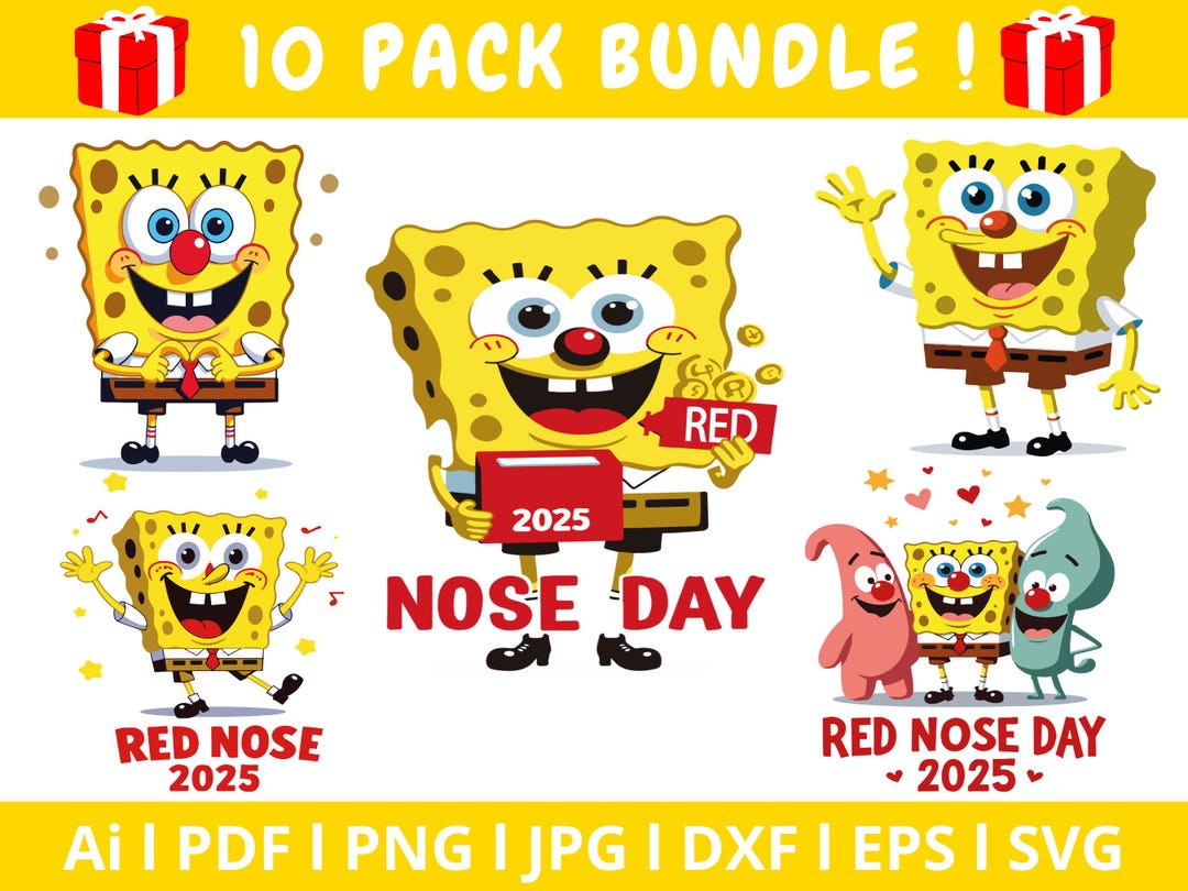 Spongebob Red Nose Day 2025 SVG Bundle | 10 Unique Cartoon Inspired ...