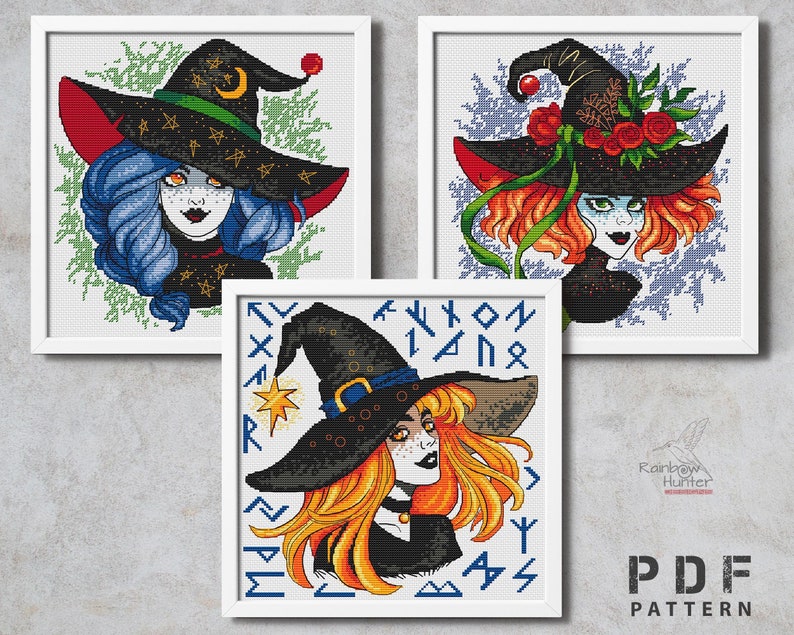 Witch Cross Stitch Pattern Set of 3 Witchcraft Embroidery Beautiful ...