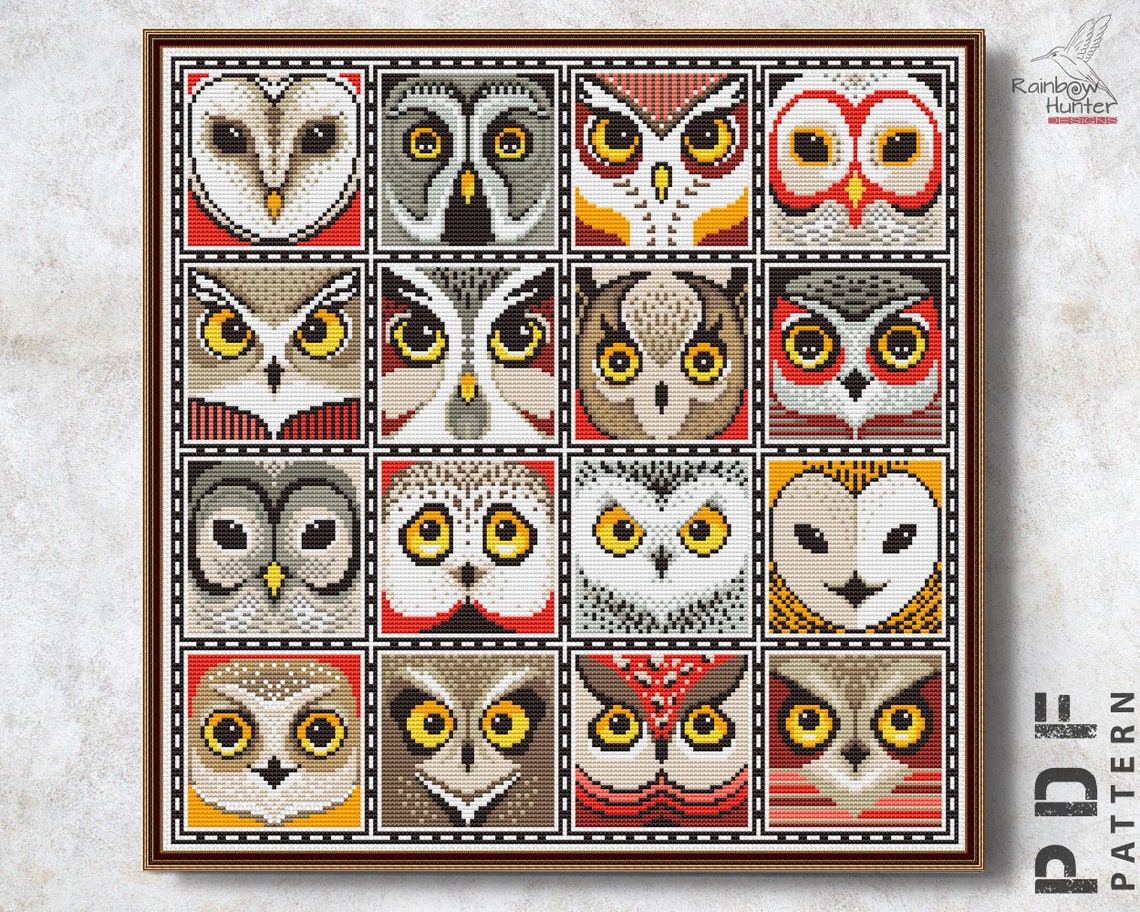 Square Owl Faces Cross Stitch Patchwork Simple Embroidery Cute - Etsy