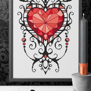 Red Heart Cross Stitch Valentines Cross Stitch Pattern Gothic Cross Stitch Red Gemstone Counted ...