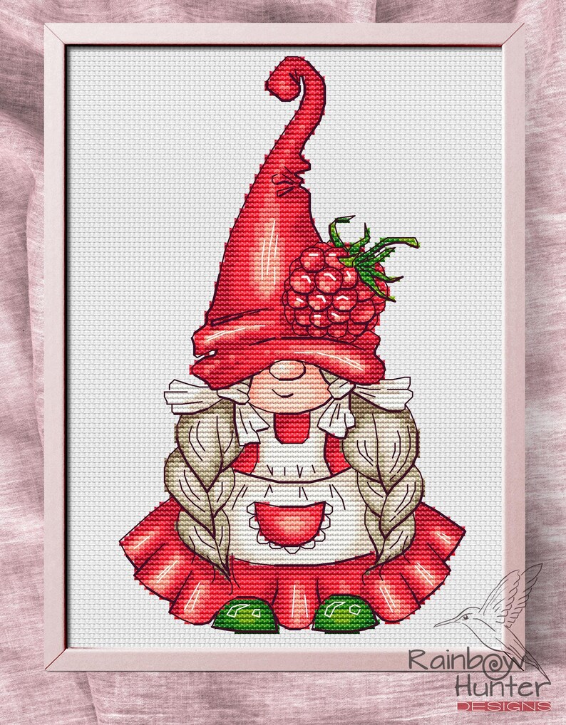 Crimson Gnome Cross Stitch Raspberry Gnome Girl Cross Stitch Pattern Red Gnome Cross Stitch ...