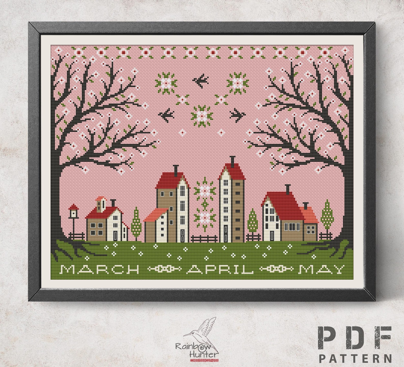 Cross Stitch Spring Village Pattern PDF Season Primitive Xstitch Simple ...
