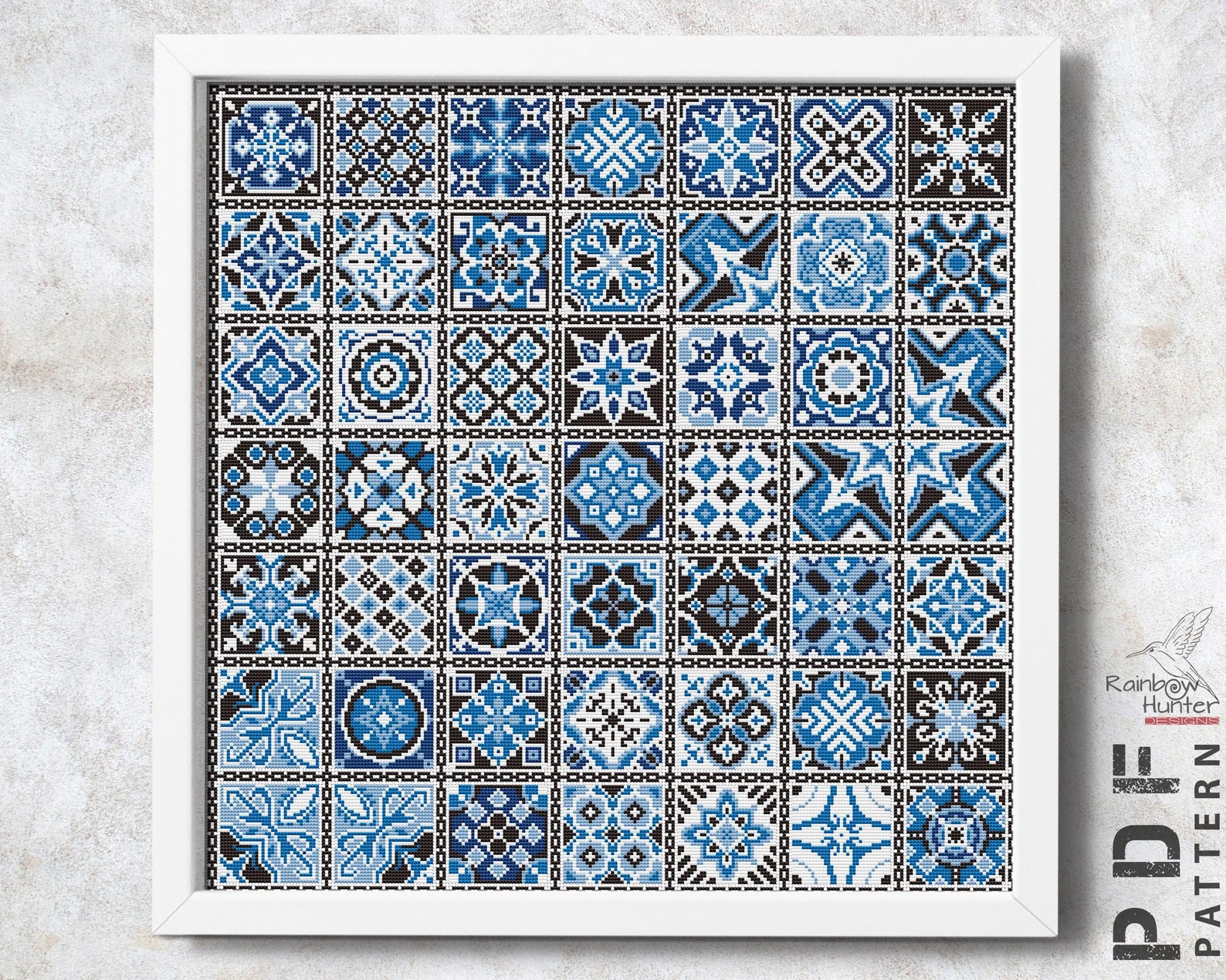 Blue Patchwork Cross Stitch Pattern Squares Tile Cross Stitch Quaker ...