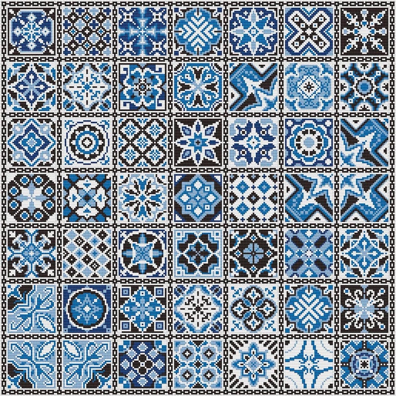 Blue Patchwork Cross Stitch Pattern Squares Tile Cross Stitch Quaker ...
