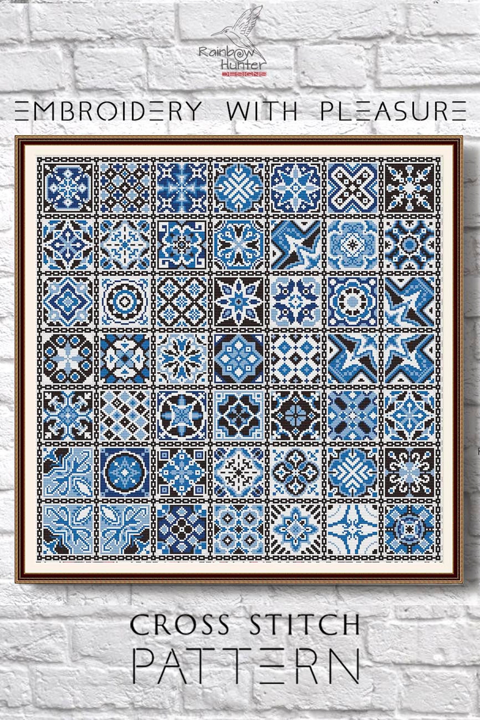 Blue Patchwork Cross Stitch Pattern Squares Tile Cross Stitch Quaker ...