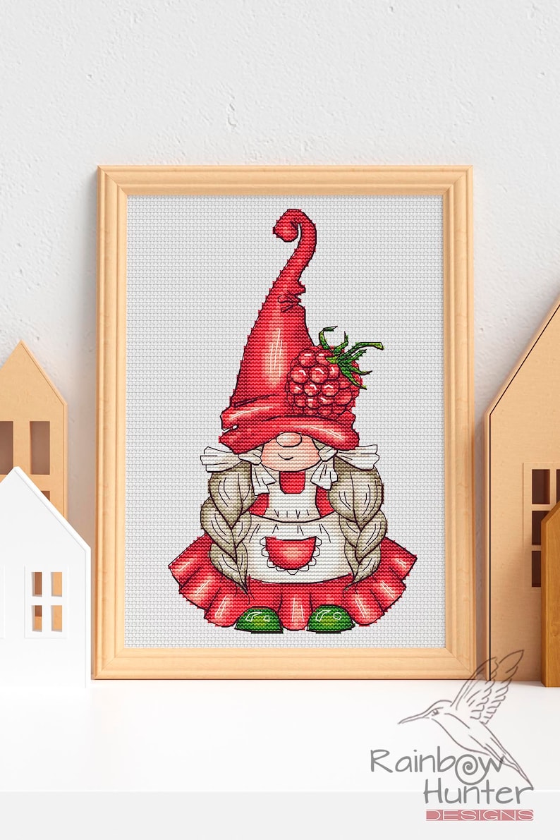 Crimson Gnome Cross Stitch Raspberry Gnome Girl Cross Stitch Pattern Red Gnome Cross Stitch ...