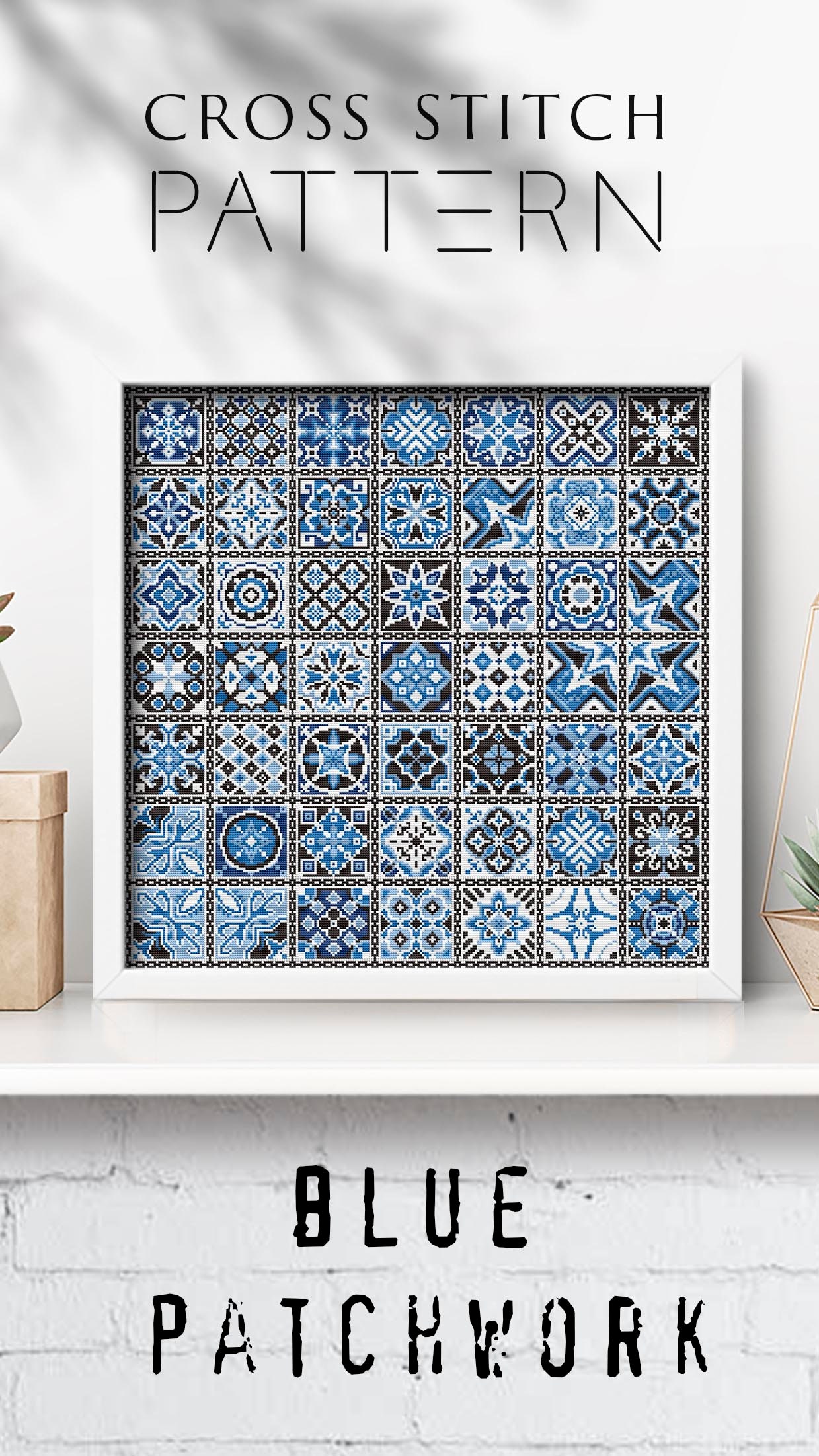 Blue Patchwork Cross Stitch Pattern Squares Tile Cross Stitch Quaker ...