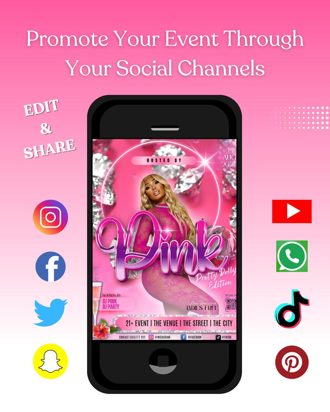 Pink Dolly Party Flyer: Animated Social Media Template (canva Editable ...