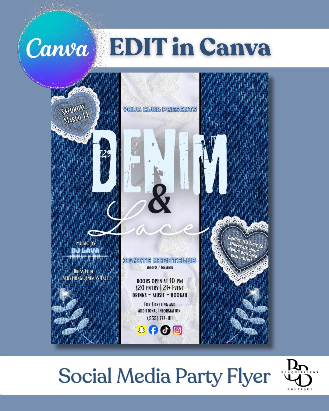 Denim & Lace Animated Party Flyer: Social Media Canva Template (canva ...