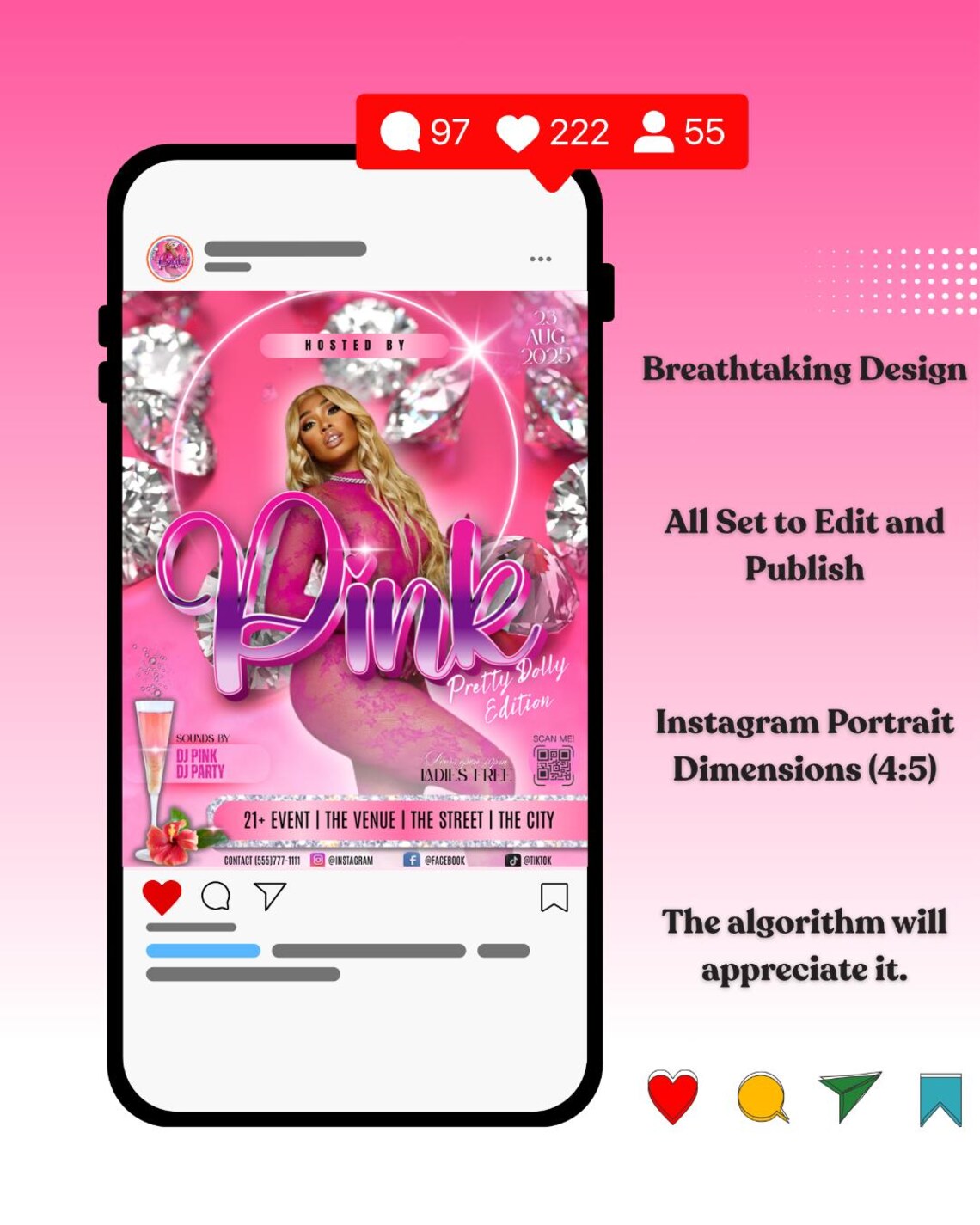 Pink Dolly Party Flyer: Animated Social Media Template (canva Editable ...
