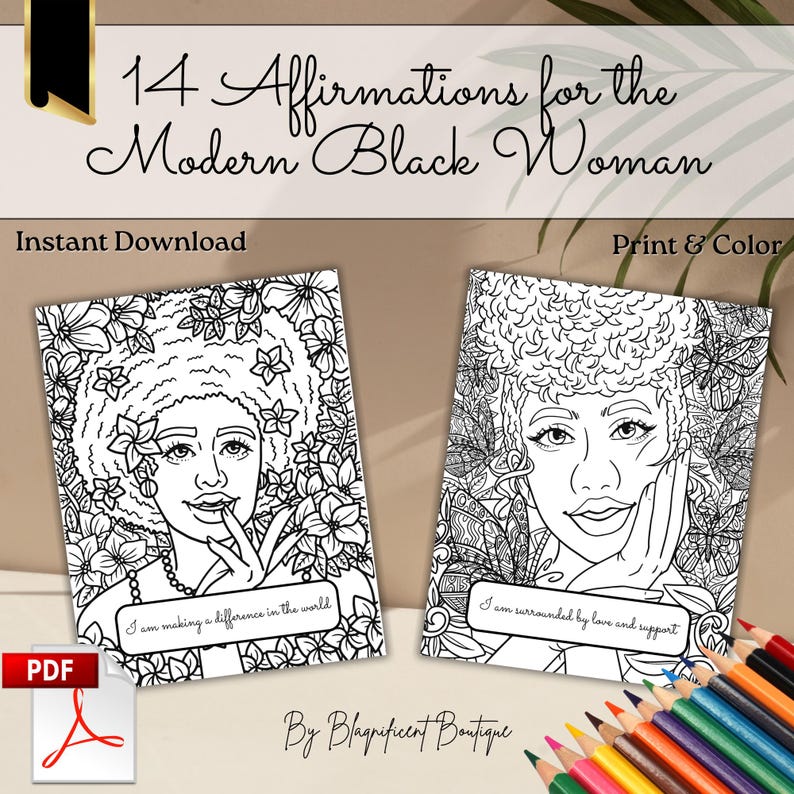 14 Affirmations for the Modern Black Woman Coloring Pages, Black Woman ...