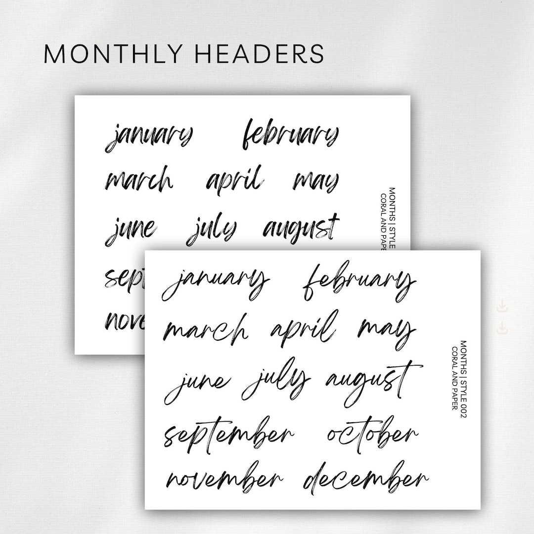 Monthly Header Planner Stickers | Script Month Names | January–december ...