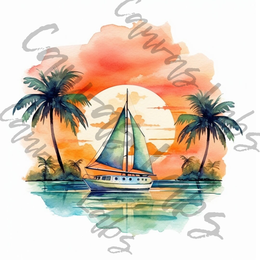 Sailboat Watercolor Clip Art Summer Tropical Clip Art Palm Tree Clip ...