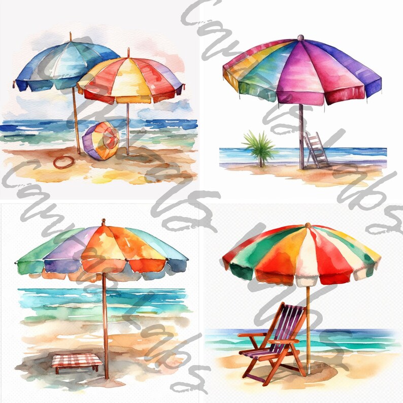 Beach Umbrella Watercolor Clip Art Summer Beach Umbrella Clip Art Beach ...