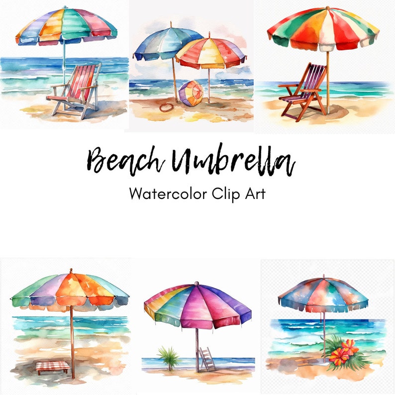 Beach Umbrella Watercolor Clip Art Summer Beach Umbrella Clip Art Beach ...